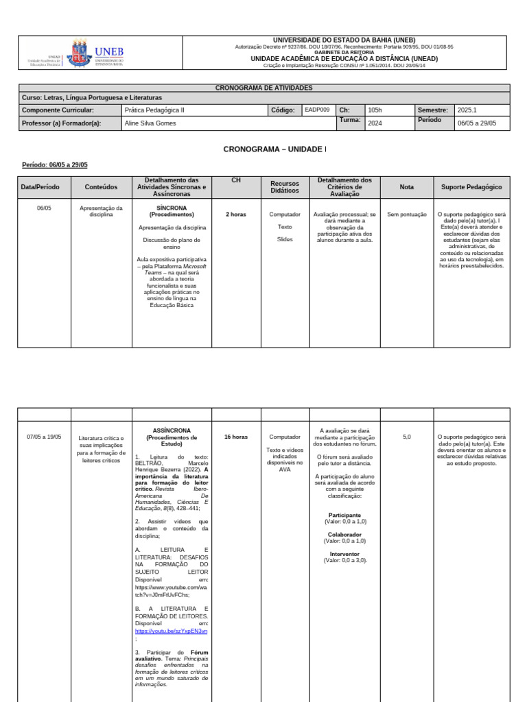 Cronograma I Prática Pedagógica 2 Versão Corrigida | PDF | Pedagogia