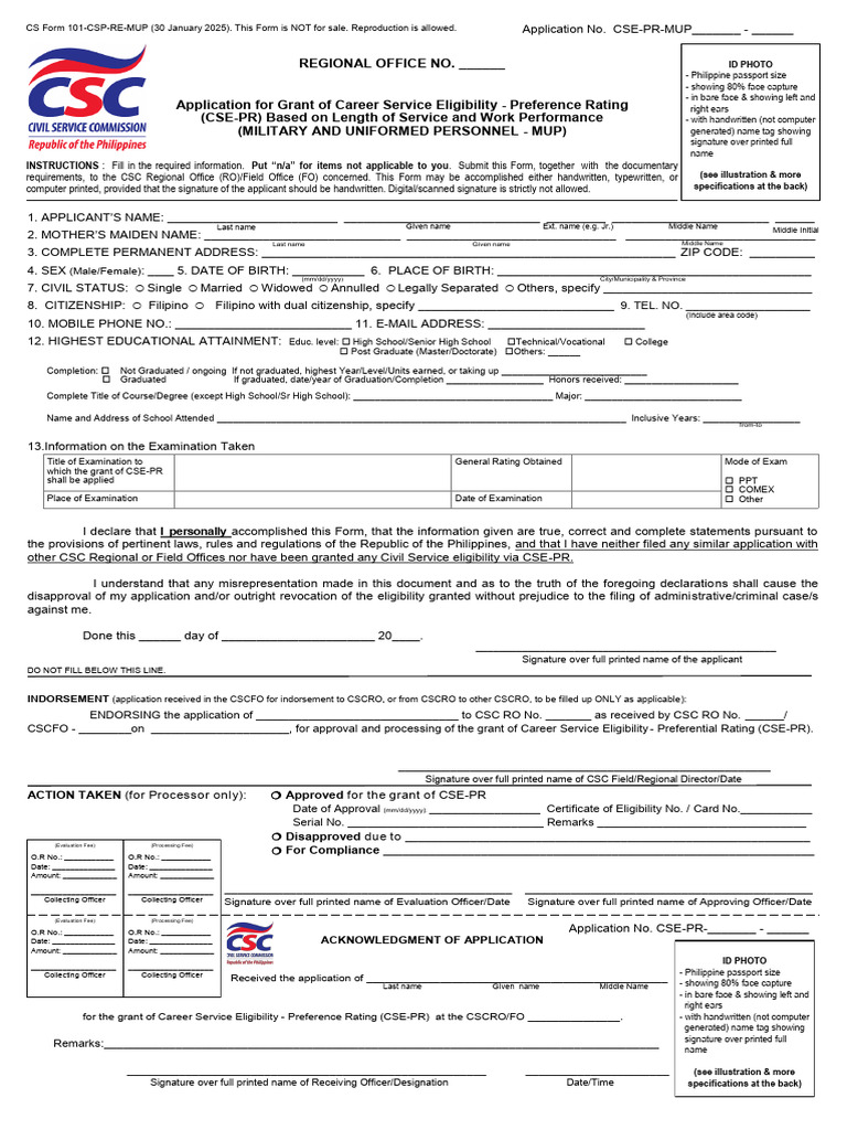CS Form 101 CSP RE MUP - Ao - 08apr2025 | PDF | Identity Document ...