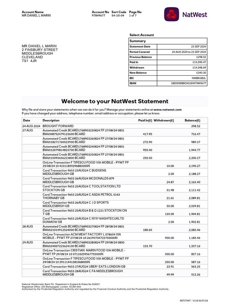 Statement 541004 97849677 23 Sep 2024 | PDF | Overdraft | Service Industries