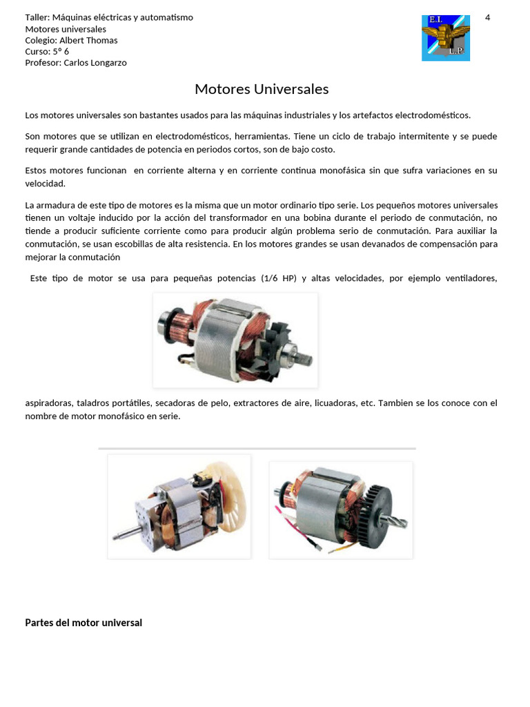 Partes y características de motores universales | PDF | Motor eléctrico ...