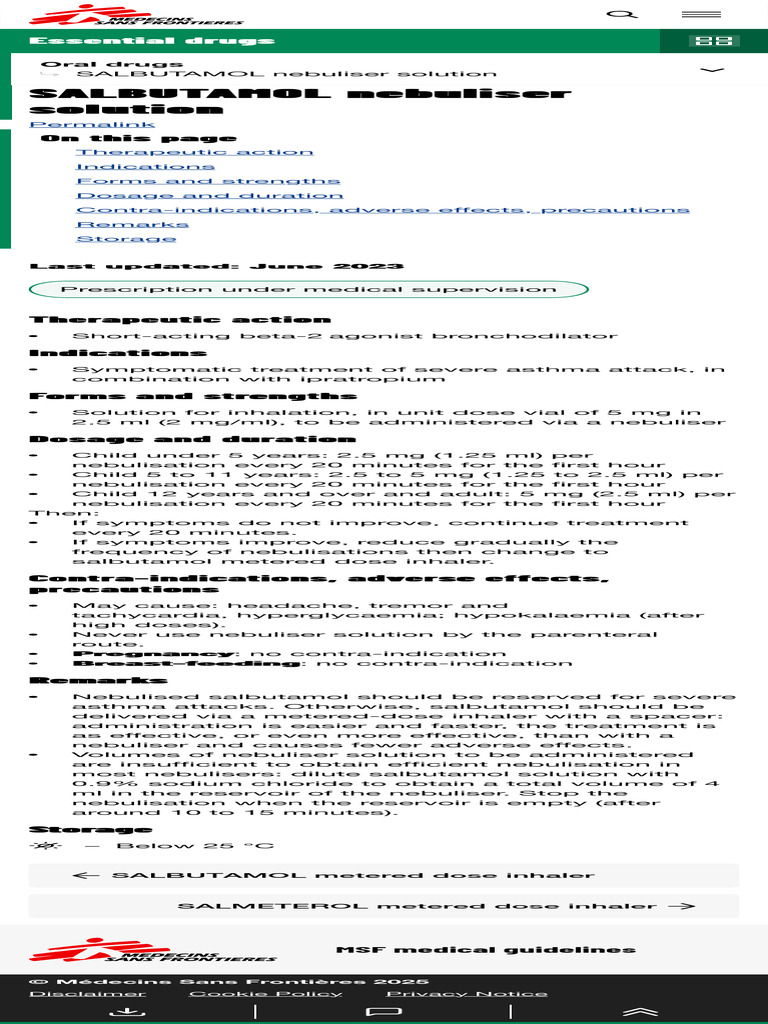 SALBUTAMOL Nebuliser Solution MSF Medical Guidelines | PDF