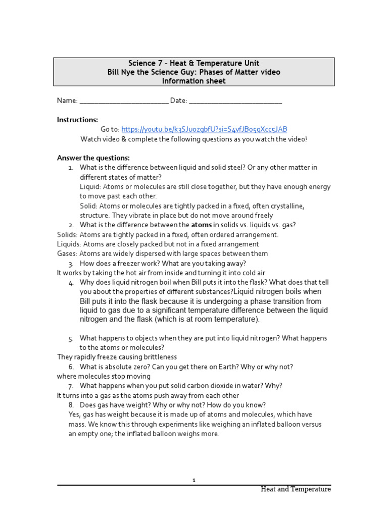 Bill Nye Phases of Matter Video Sheet - 20170053 | PDF
