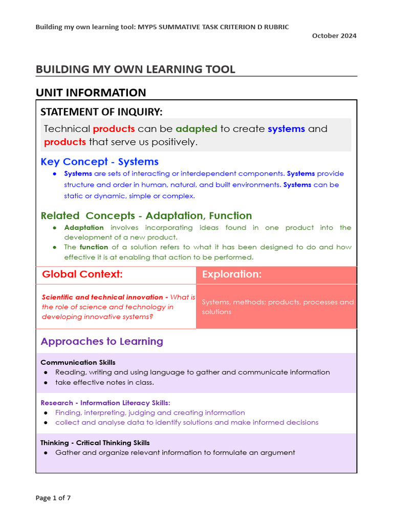MYP5 Learning Tool Development Rubric | PDF | System | Information