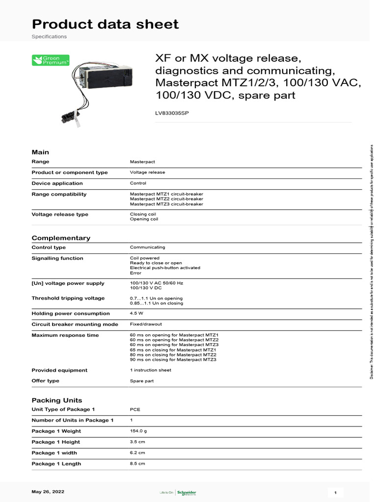 Masterpact MTZ1 Voltage Release Data | PDF | Power Supply | Electronic ...