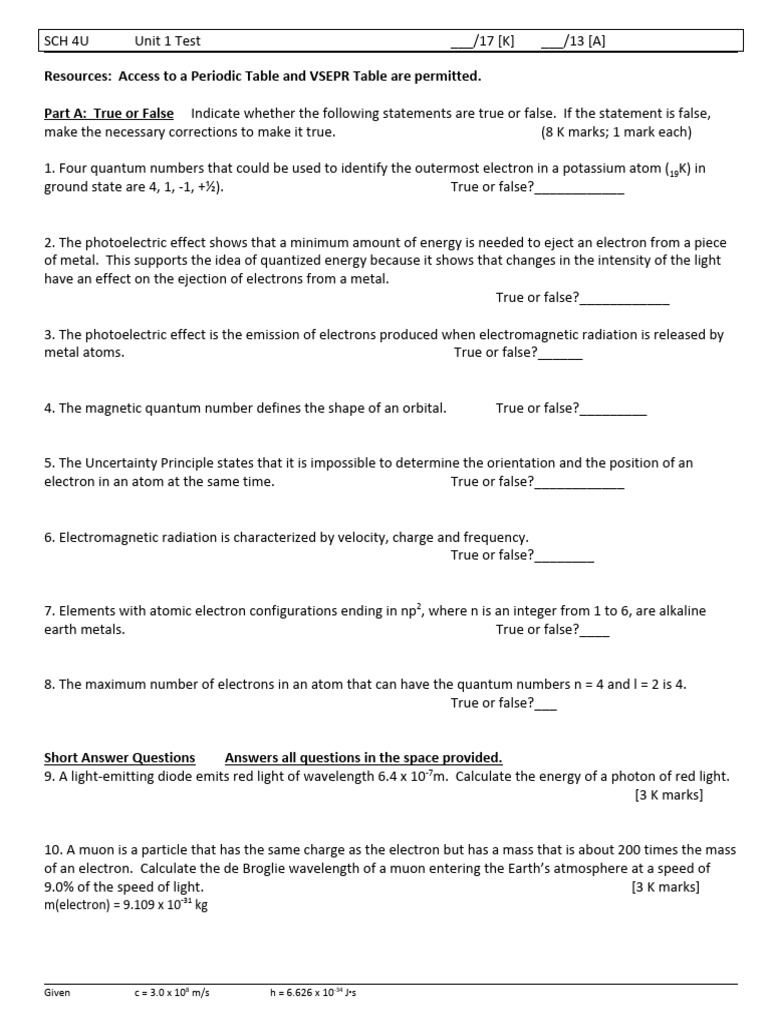 1.15.4 SCH4U Unit Test 1 With Reference Tables | PDF | Electron | Atomic