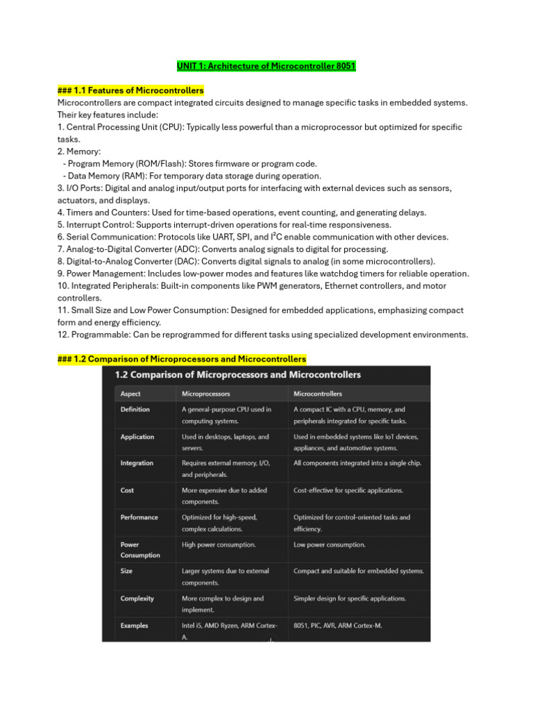 UNIT 1 Architecture of Microcontroller 8051 | PDF | Microcontroller | Manufactured Goods