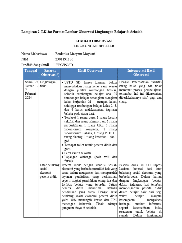 PPL 1 LK 2a Format Lembar Observasi Lingkungan Belajar di Sekolah (3) | PDF