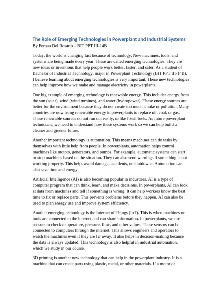 Emerging Technologies Essay Fernan Del Rosario | PDF | Power Station ...