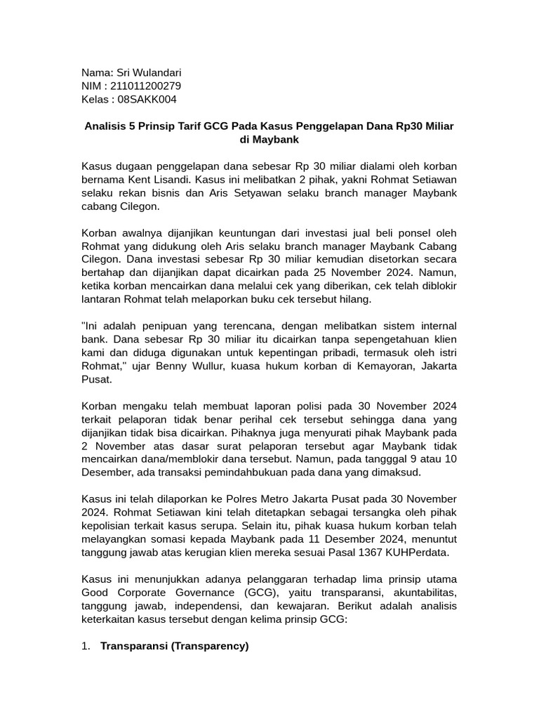 Sri Wulandari - Tugas GCG Kasus 30M Maybank | PDF