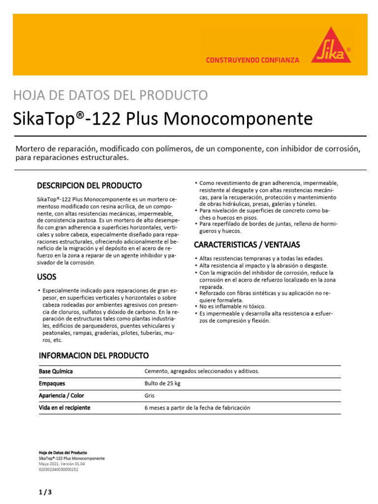 Sikatop - 122 Plusmonocomponente | PDF | Hormigón | Mortero (Albañilería)