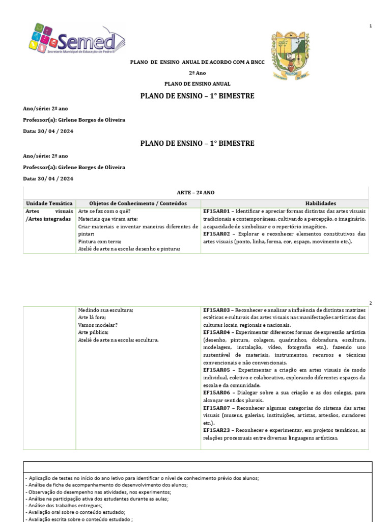 2º ANO-PLANO BIMESTRAL 1 ENS. FUNDAMENTAL | PDF | Aprendizado | Interdisciplinaridade