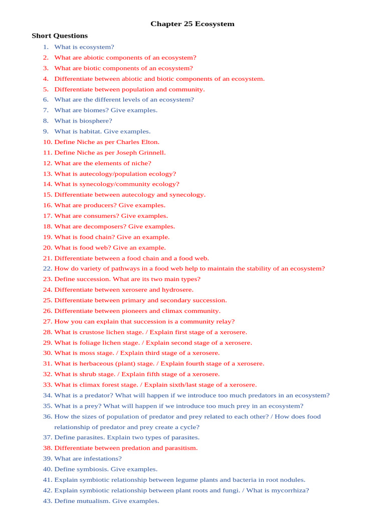 Short & Long Questions Chapter 25 | PDF | Ecosystem | Ecological Niche