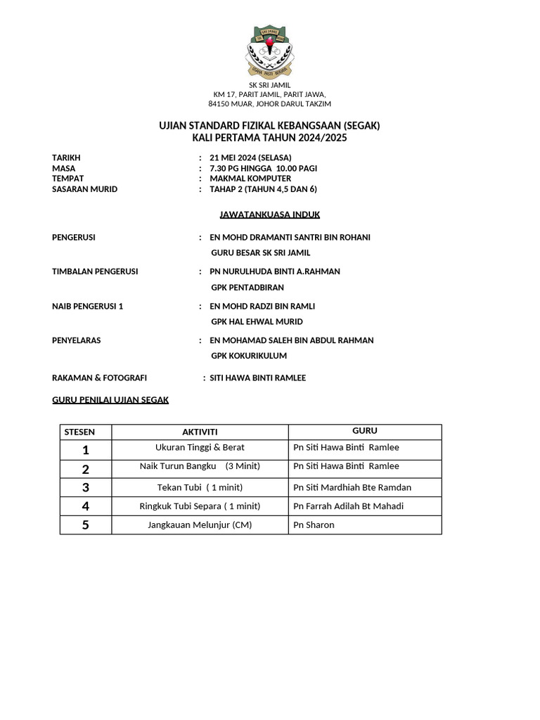 JADUAL SEGAK 1 2024 | PDF
