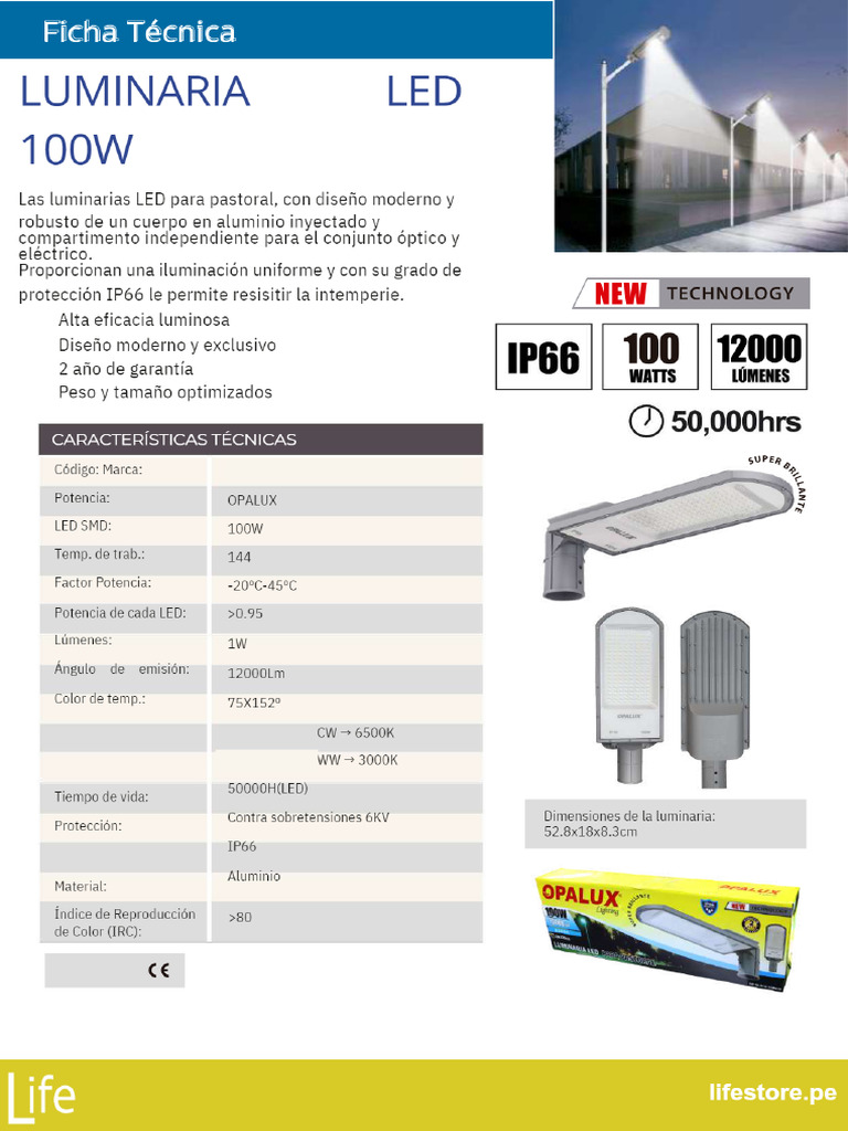 Luminaria P - Pastoral 100W Pro - Opalux - 3000K Luz Cálida 12000 LM - Opalux - Life | PDF