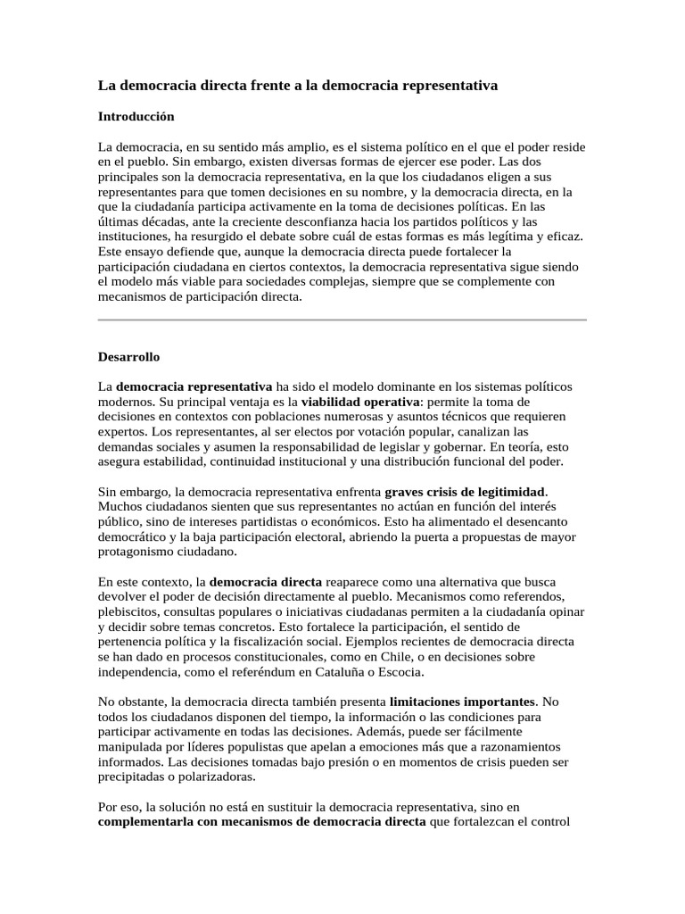 La Democracia Directa Frente A La Democracia Representativa | PDF ...