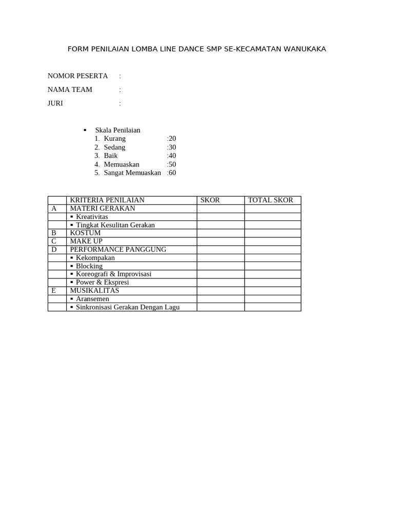 Form Penilaian Lomba Line Dance SMP Se | PDF