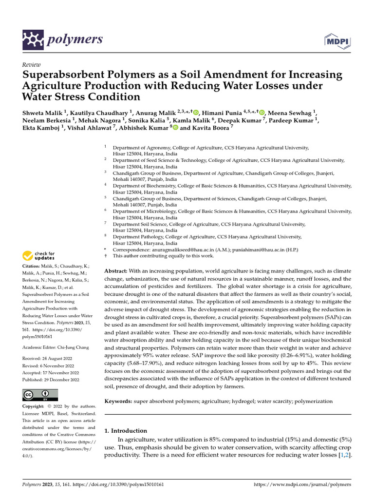 Superabsorbent Polymers As A Soil Amendm | PDF | Soil | Polymerization