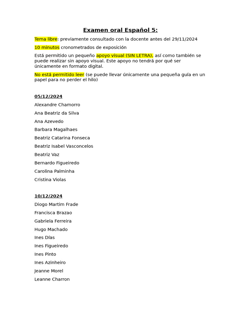 Examen Oral Español 5 | PDF