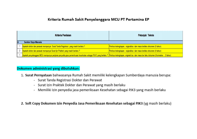 Kriteria RS Penyelenggara MCU PT Pertamina EP Dan Kebutuhan Adm | PDF