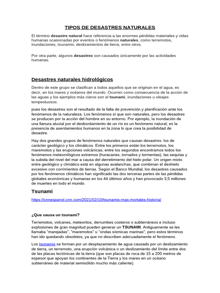 Tipos de Desastres Naturales 1 | PDF | Desastres naturales | Tsunami