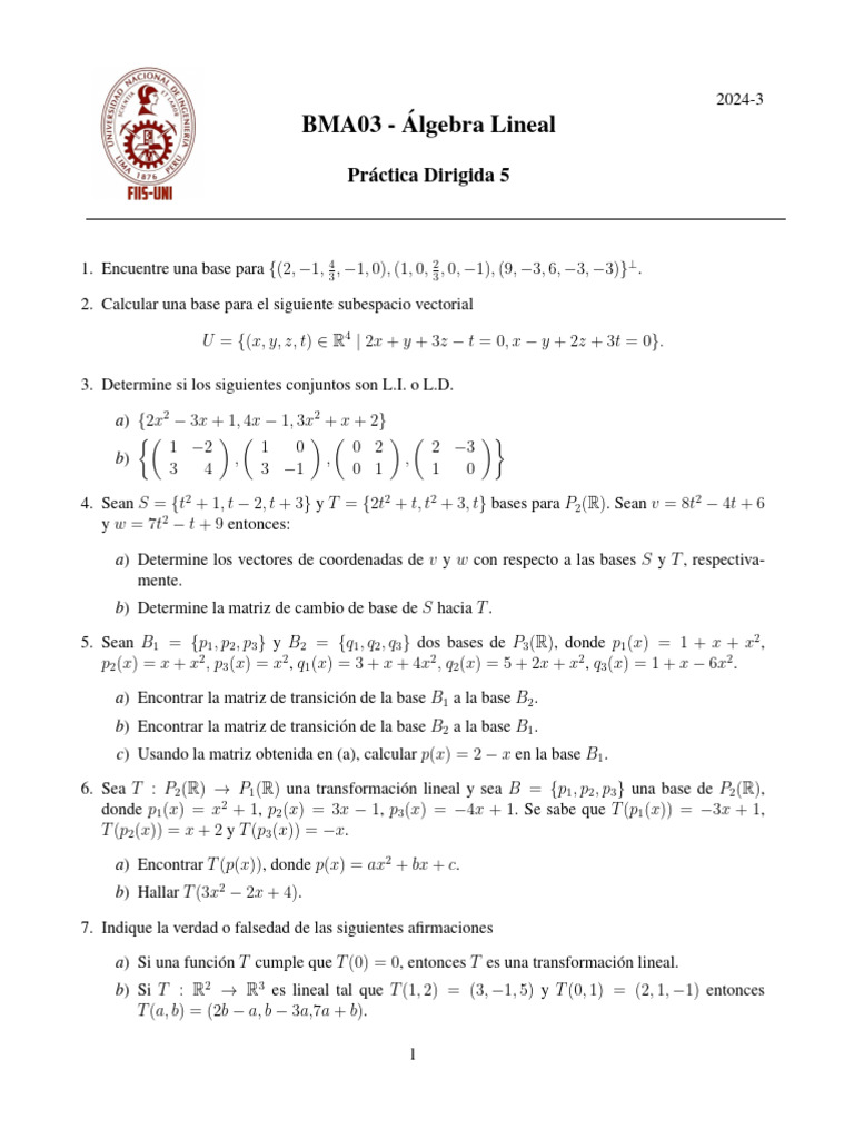 Verano_Practica_Dirigida_5 | PDF | Mapa lineal | Matriz (Matemáticas)