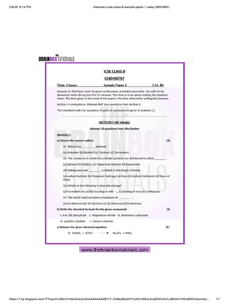 Chemistry Icse Class 8 Sample Paper 1 | PDF