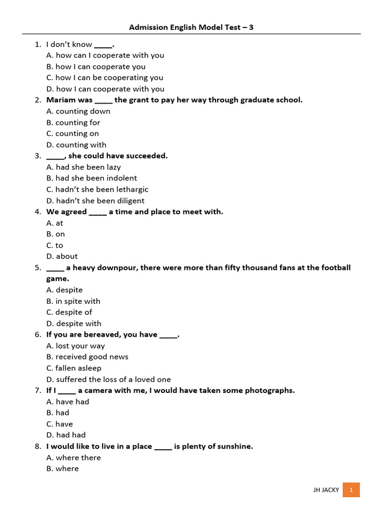 Admission D Unit English Exam 3 Q & A | PDF