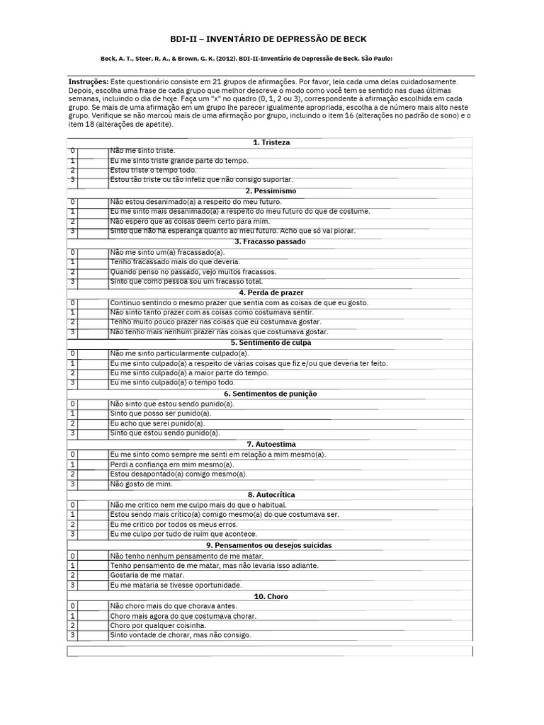 Questionário BDI-II: Autoavaliação da Depressão | PDF | Depressão