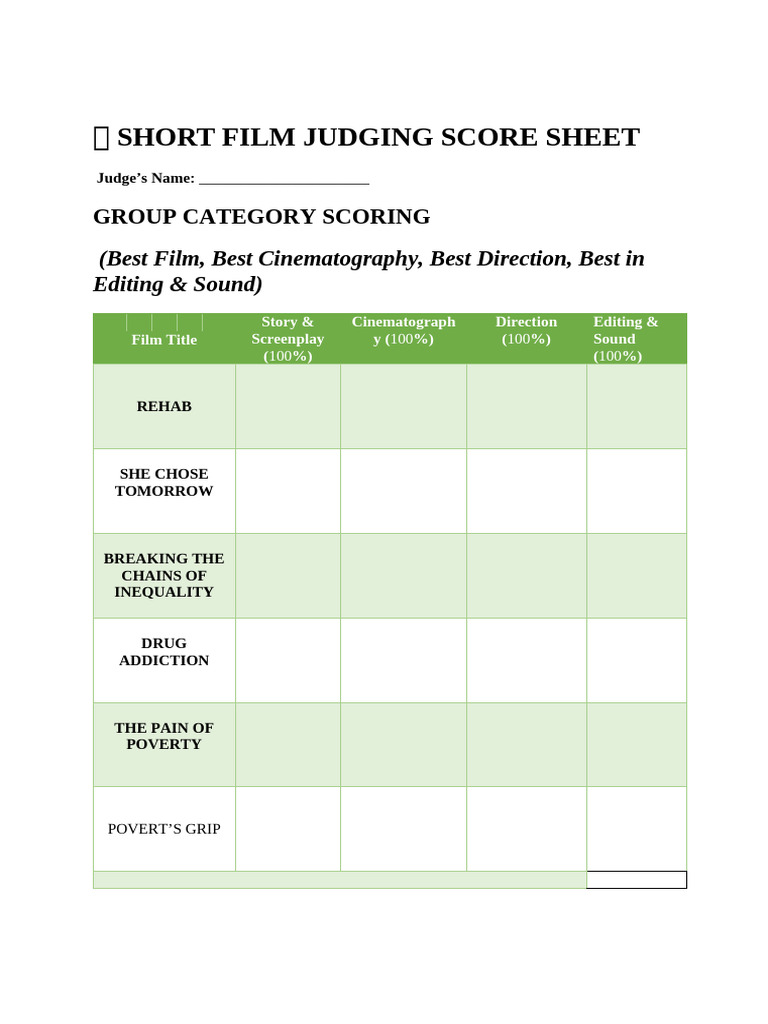 Short Film Judging Score Sheet | PDF | Drug Rehabilitation