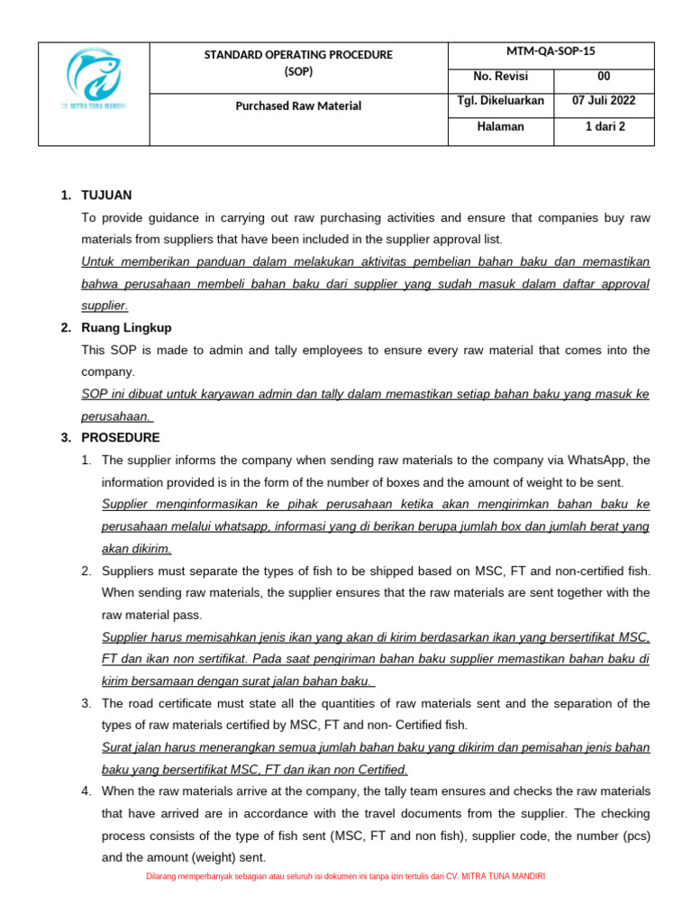 MTM-QA-SOP-15 Purchased Raw Material | PDF