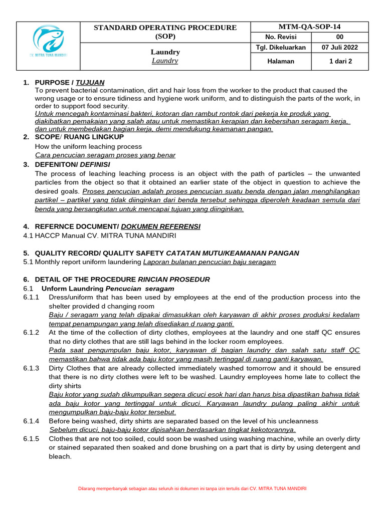 MTM-QA-SOP-14 Laundry | PDF