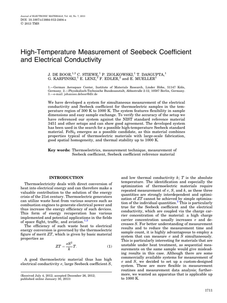 High-Temperature Measurement of Seebeck Coefficient and Electrical Conductivity - 2013 | PDF ...