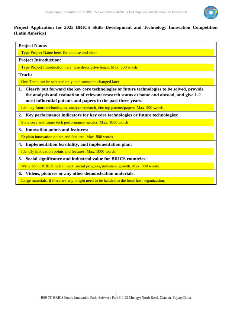 Application, BRICS Skills Development and Innovation Competition, Latin ...
