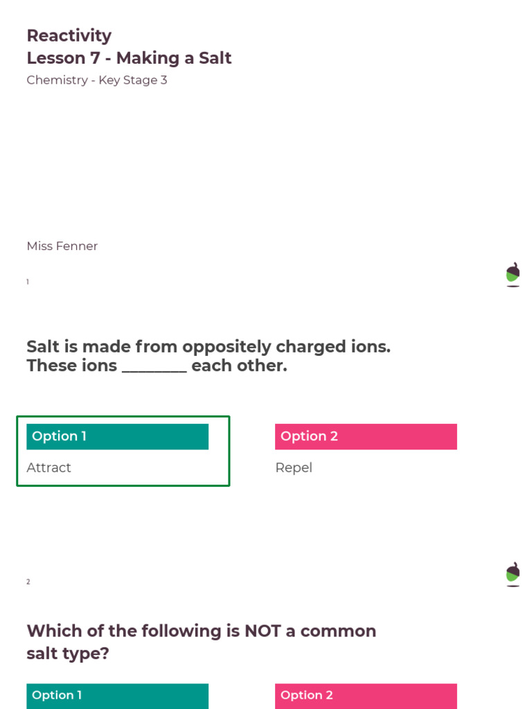 Science Ks3 Lesson Sci y9 u2 l7 | PDF | Salt (Chemistry) | Ion