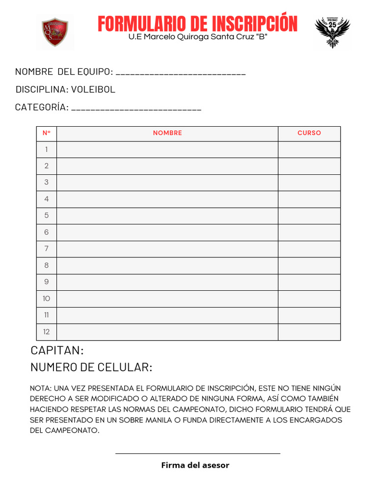 PLANILLA DE INSCRIPCION - VOLEIBOL | PDF