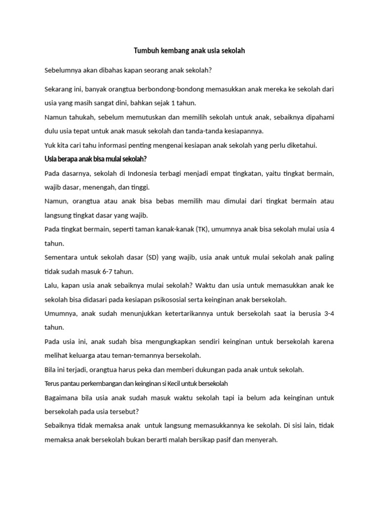 Tumbuh Kembang Anak Usia Sekolah | PDF