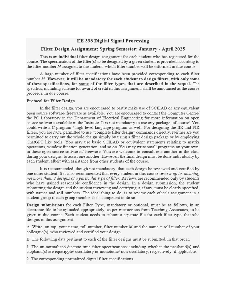 Filter Design Assignment 2025 | PDF | Filter (Signal Processing) | Telecommunications Engineering
