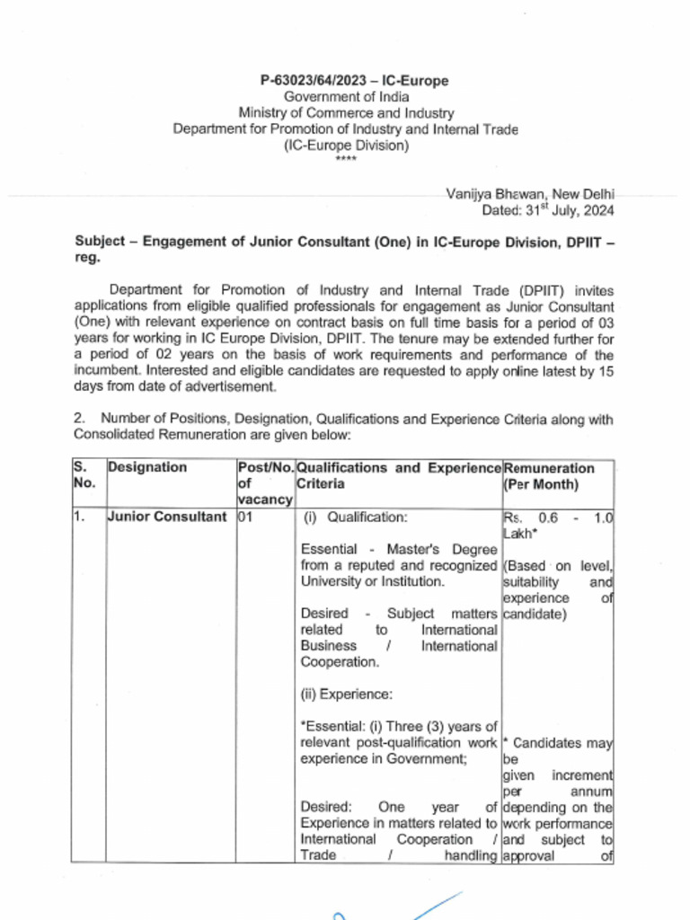 DPIIT Junior Consultant Recruitment 2024 | PDF