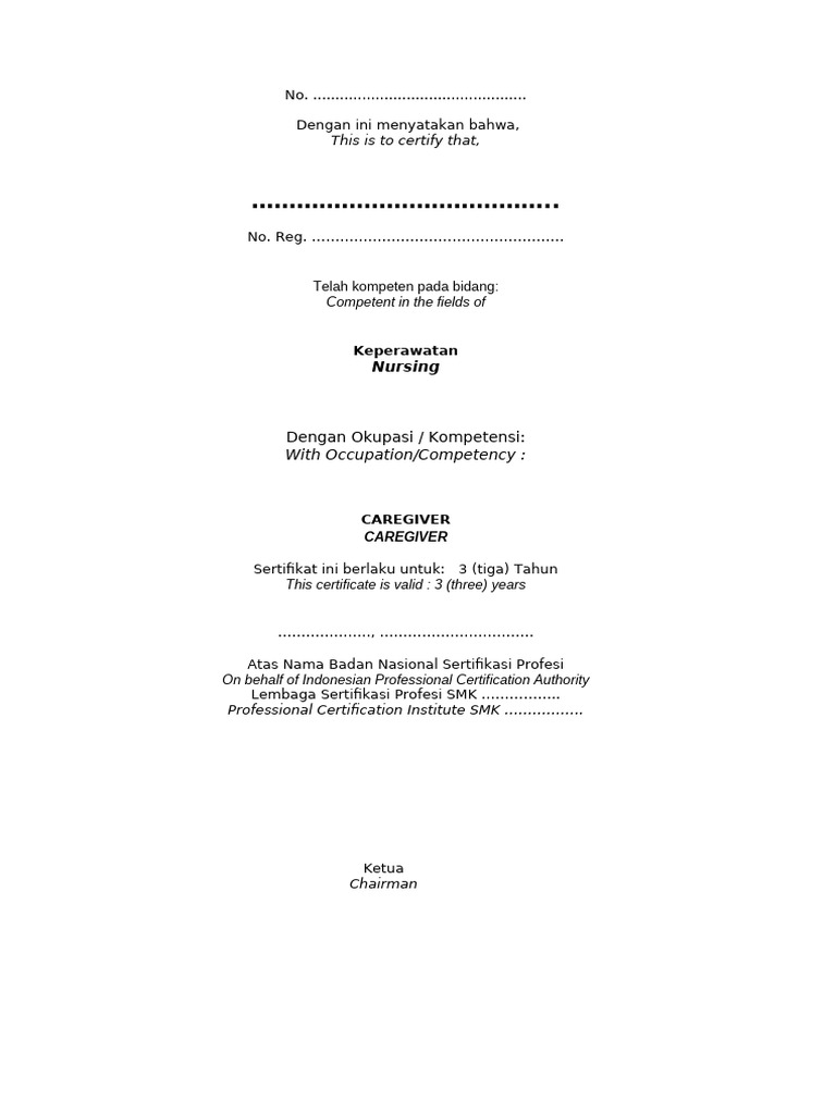 serkom skema sertifikasi okupasi caregiver - trans | PDF