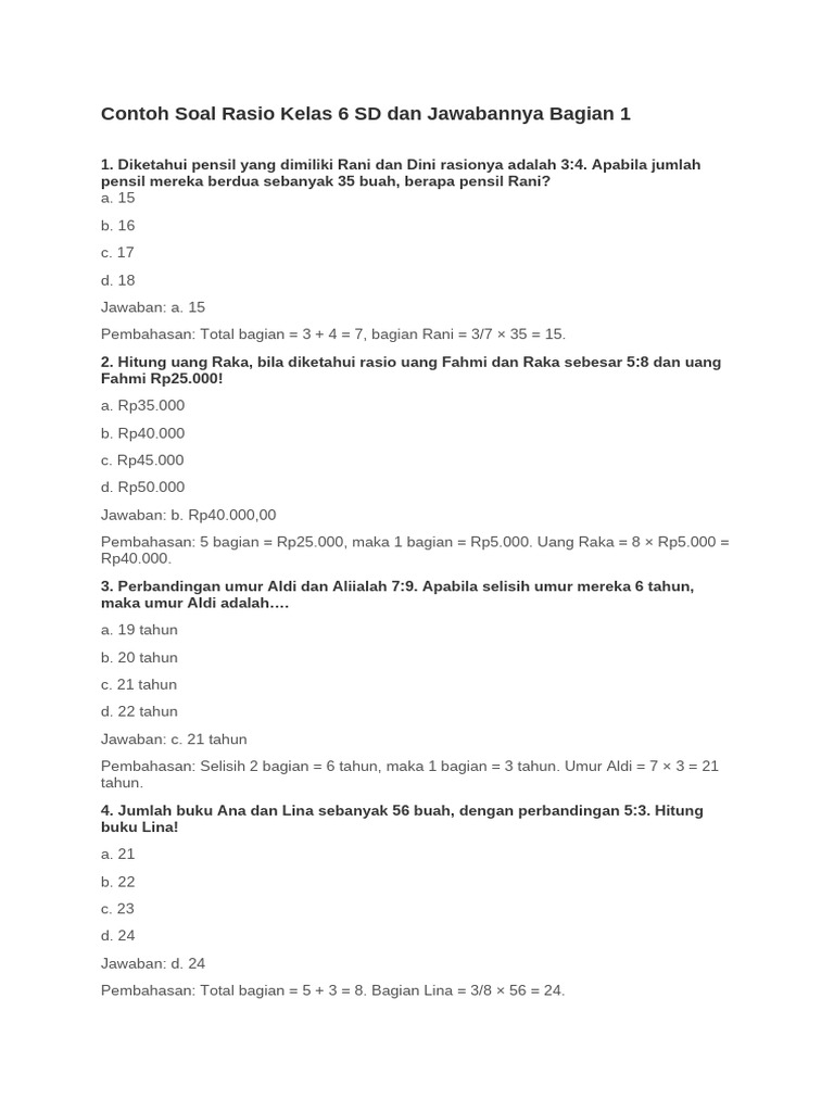 Contoh Soal Rasio Kelas 6 SD Dan Jawabannya Bagian 1 | PDF