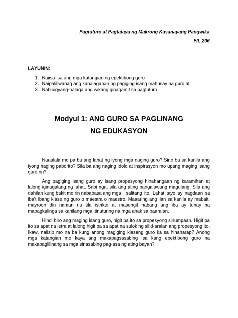 Modyul 1 Unang Bahagi Ang Guro Sa Paglinang NG Edukasyon | PDF