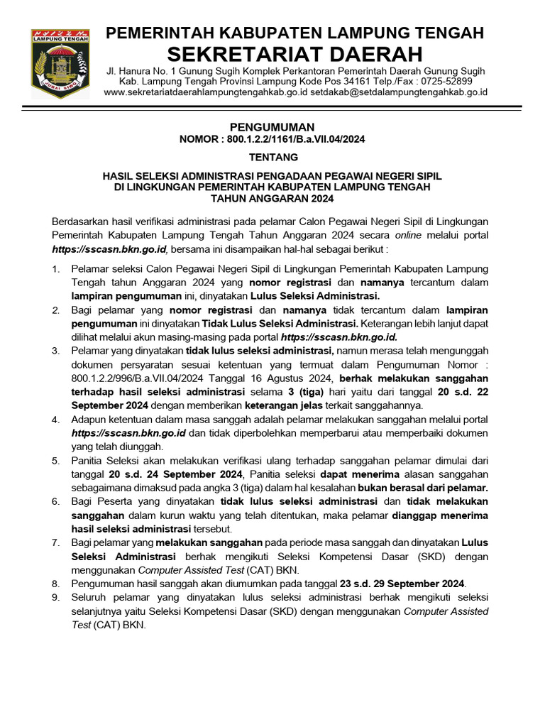 Hasil Seleksi Administrasi Cpbs 2024 | PDF