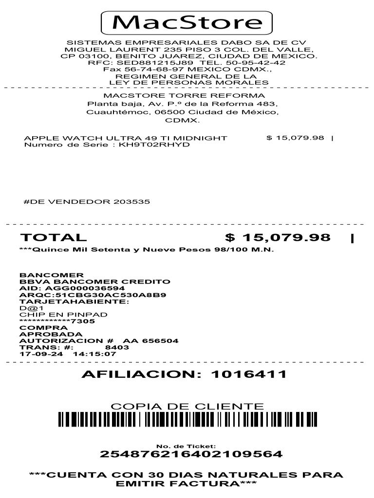 Ticket de compra Apple Watch Ultra | PDF