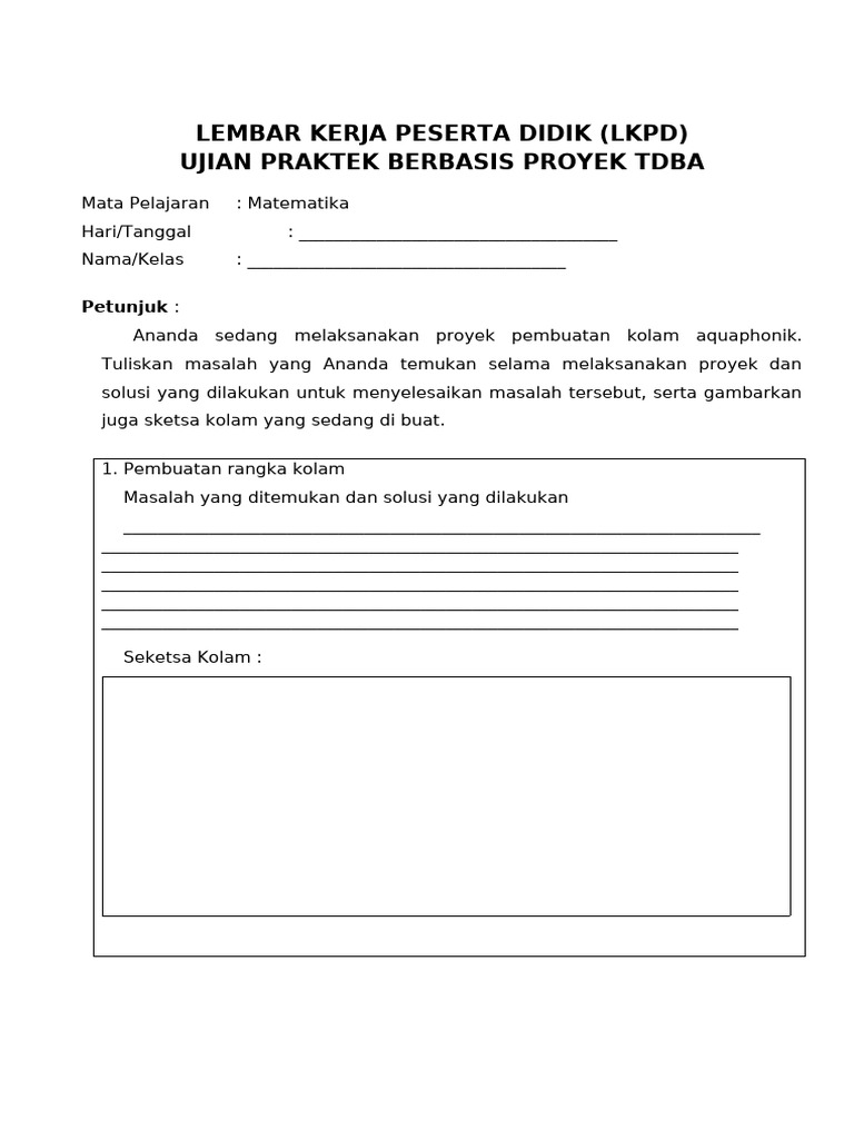 Lembar Kerja Peserta Didik LKPD Ujian Praktek Berbasis Proyek Tdba MTK | PDF