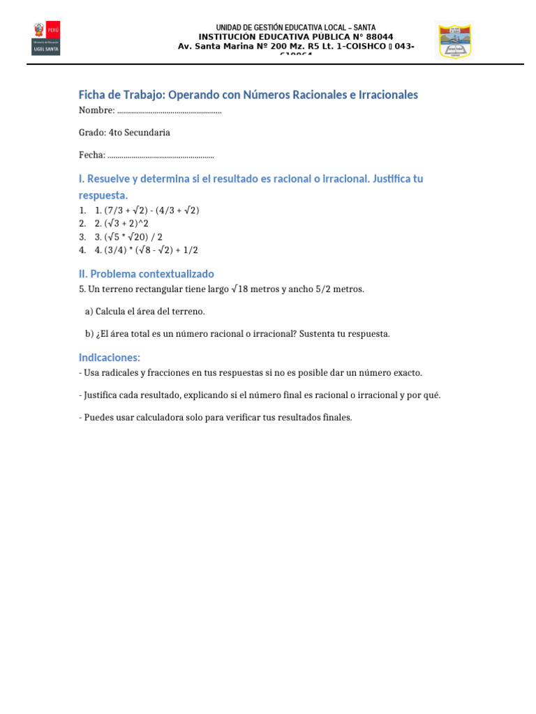 Ficha Numeros Racionales Irracionales | PDF