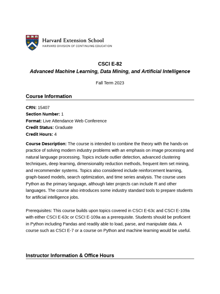 Fall Term 2023 Full Term CSCI E 82 1 Advanced Machine Learning, Data Mining, and Artificial ...