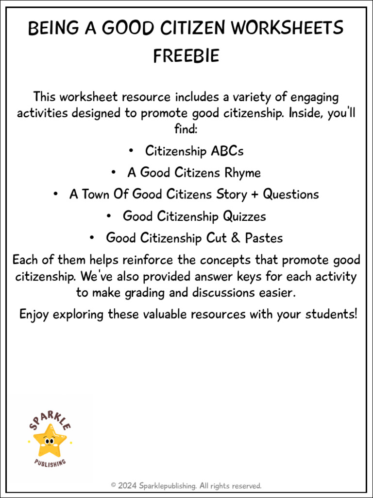 Being A Good Citizen Worksheets Freebie: © 2024 Sparklepublishing. All ...