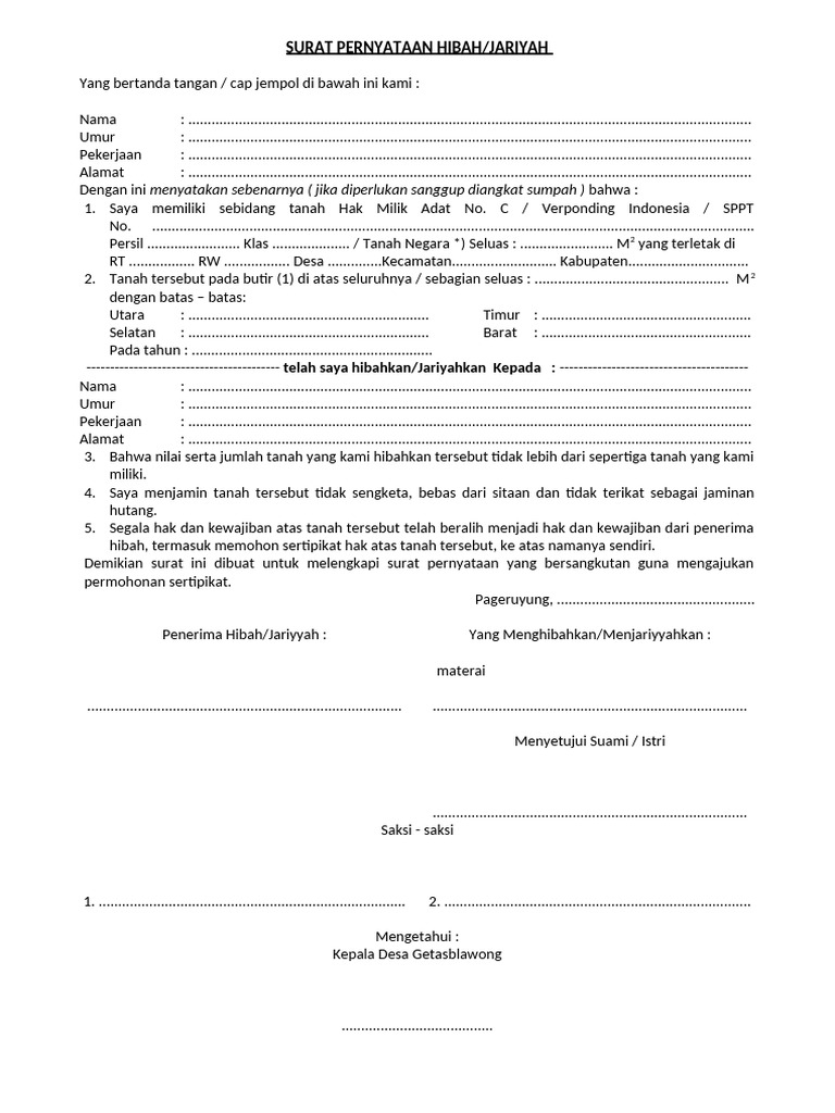 Surat Pernyataan Hibah Tanah | PDF