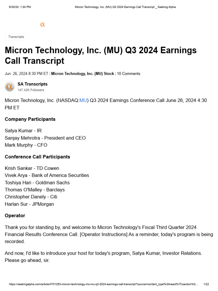 Micron Technology, Inc. (MU) Q3 2024 Earnings Call Transcript - Seeking Alpha | PDF | Solid ...