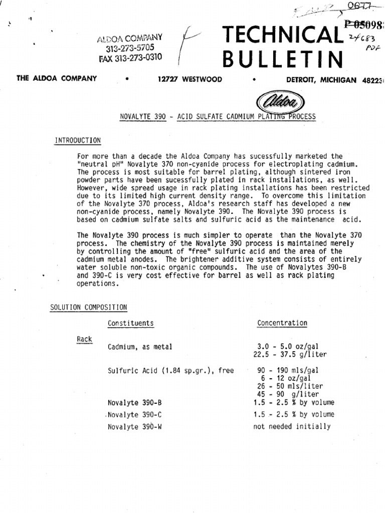 Novalyte 390: Non-Cyanide Cadmium Plating | PDF | Cadmium | Sulfuric Acid